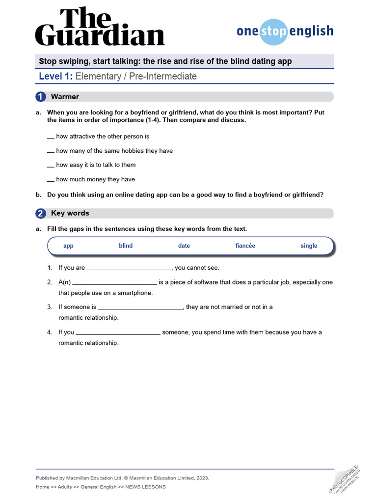 Blind Dating - Elementary News Lesson | PDF | Verb | Question