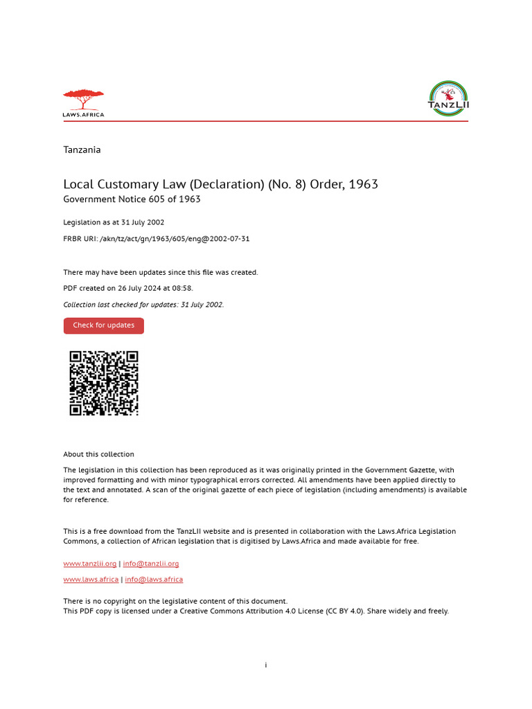 Local Customary Law (Declaration) (No. 8) Order, 1963: Tanzania | PDF ...