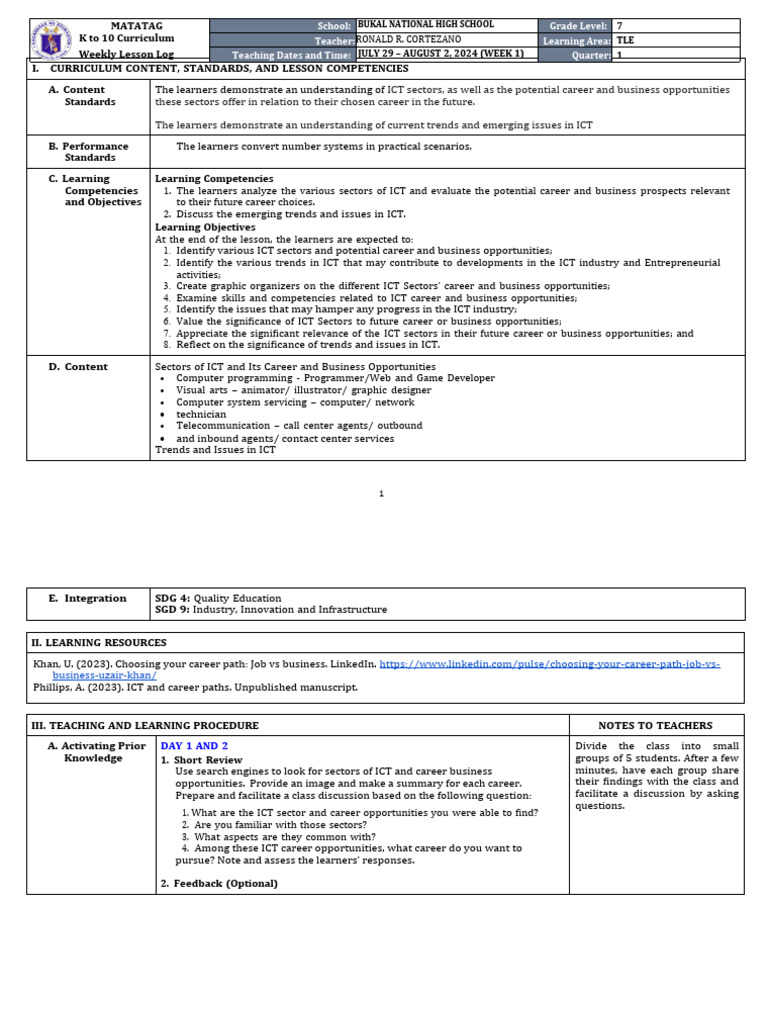 Dll Matatag Tle 7 Q1 W1 Pdf Security Computer Security
