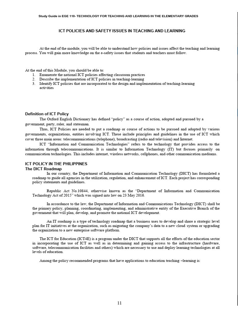Module 2 Ict Policies And Safety Issues In Teaching And Learning Pdf