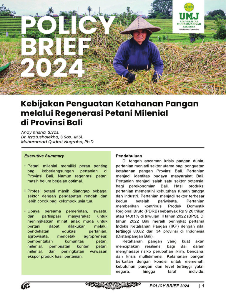 Policy Brief 2024 Petani Milenial | PDF