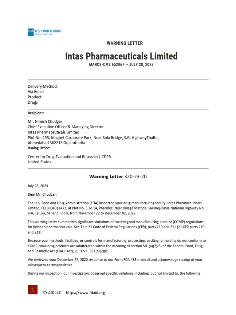 FDA Warning Letters | PDF | Food And Drug Administration | Quality Assurance