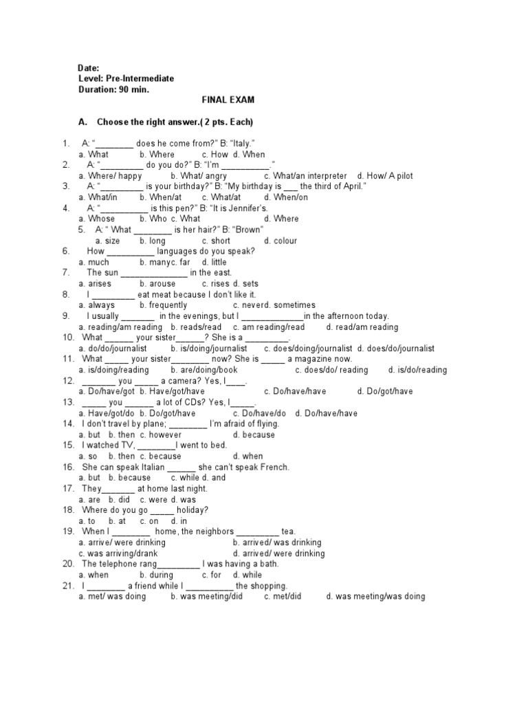 Pre Intermediate Tests | PDF