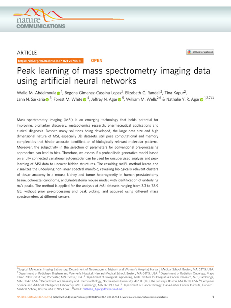 Peak Learning of Mass Spectrometry Imaging Data Using Artificial Neural Networks | PDF ...