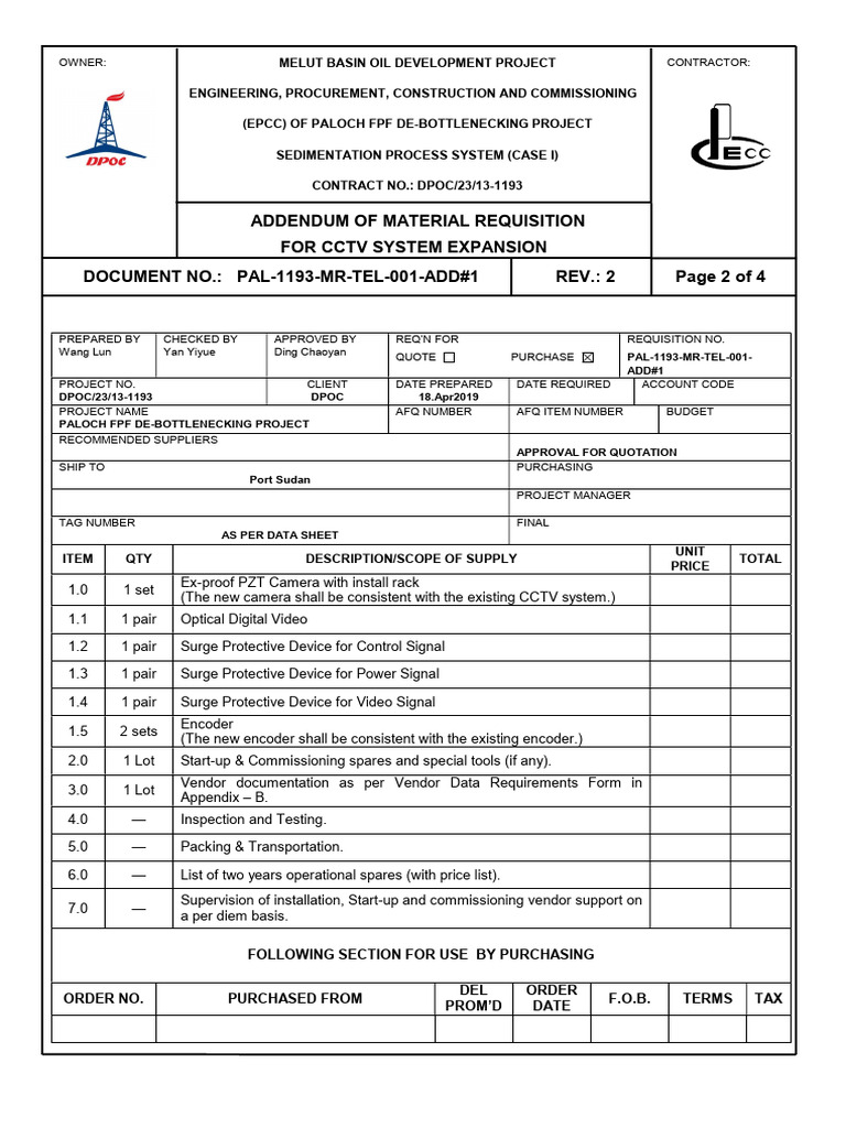 PAL-1193-MR-TEL-001-ADD#1 - 2 Addendum of Material Requisition For CCTV System Expansion | PDF ...