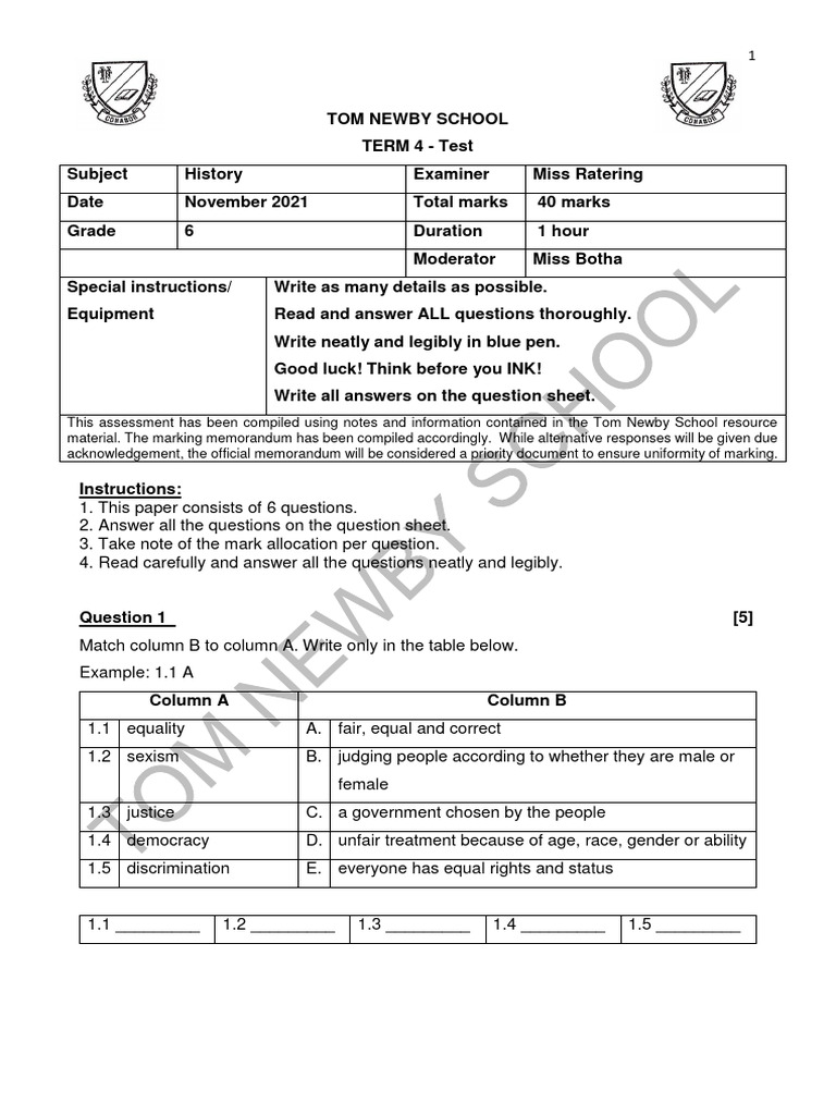 Grade 6 History Exam November 2021 | PDF | Multiple Choice