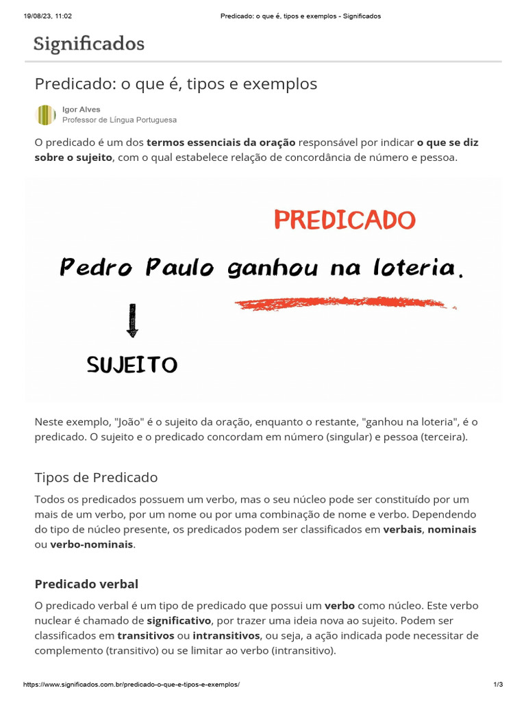 Tipos e Exemplos de Predicado | PDF | Predicado (gramática) | Assunto ...