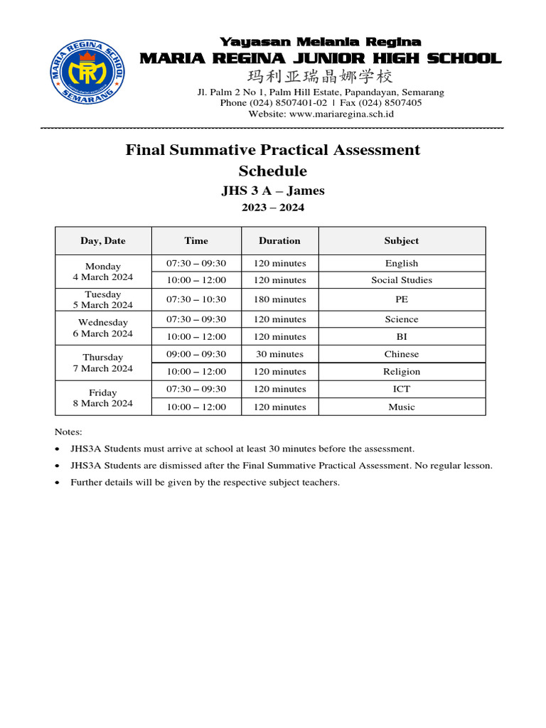 FSA JHS Practical Schedule 2023-2024 - JHS3A | PDF