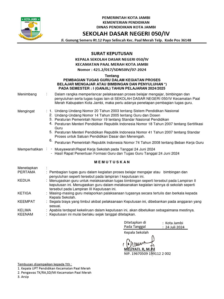 SK - GTT Dan Pembagian Tugas Kelas 2024-2025 | PDF