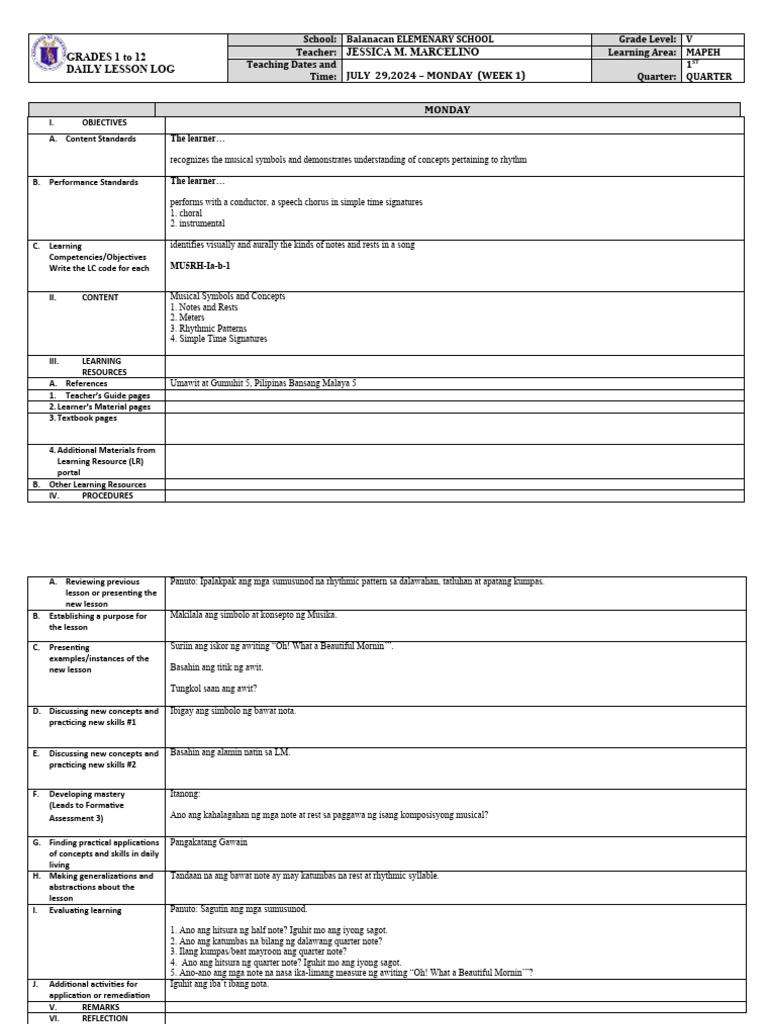 DLL - Mapeh 5 - Q1 - W1 | PDF | Learning | Behavior Modification