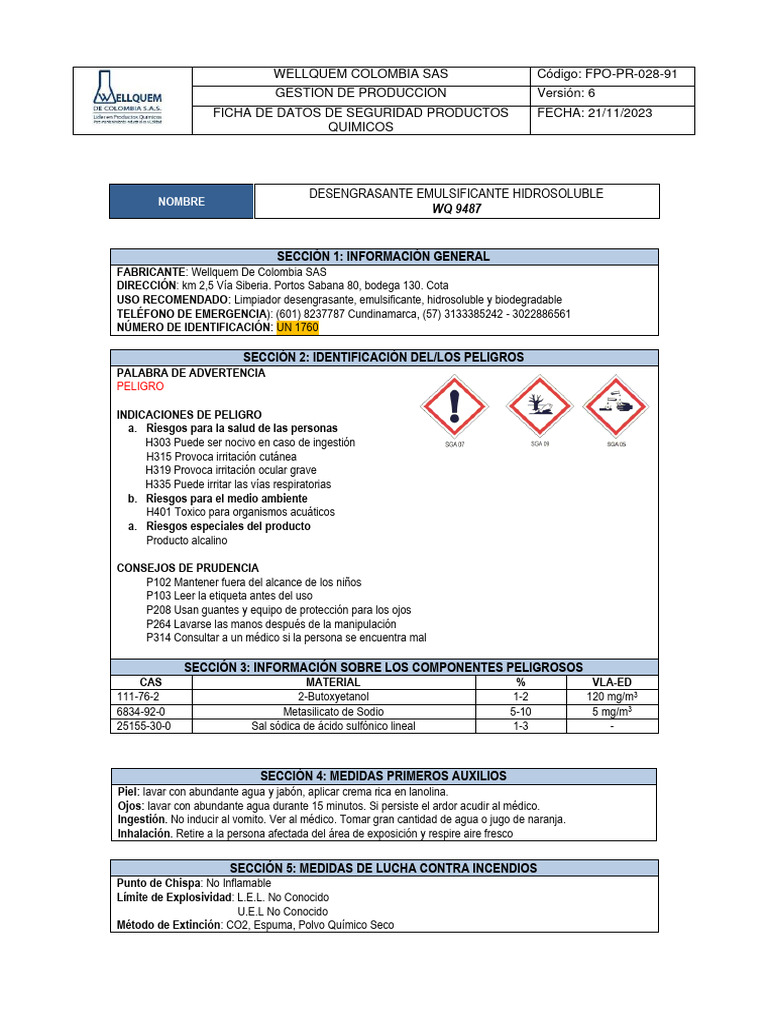 Ficha de Seguridad Desengrasante WQ 9487 | PDF | Corrosión | Agua
