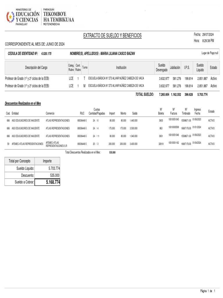 Concepto Trabajador Periodo Detalle Extracto Sueldo Mi Info 134945420800102623 | PDF