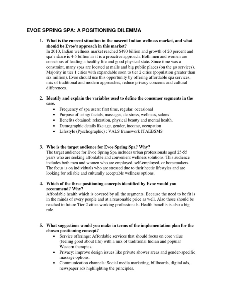 EVOE SPRING SPA - Answer Template | PDF | Market Segmentation | Brand