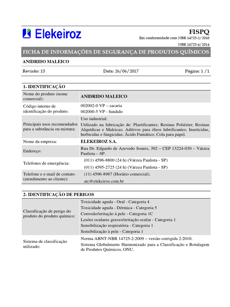 FISPQ ANIDRIDO MALEICO - Revisão - 15 | PDF | Queimadura | Embalagem e ...