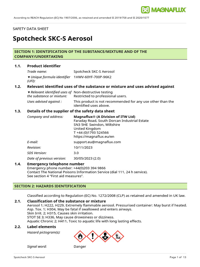 Magnaflux A Divisio - Spotcheck SKC-S - GB-en - v3 - 0 | PDF | Dangerous Goods | Fires