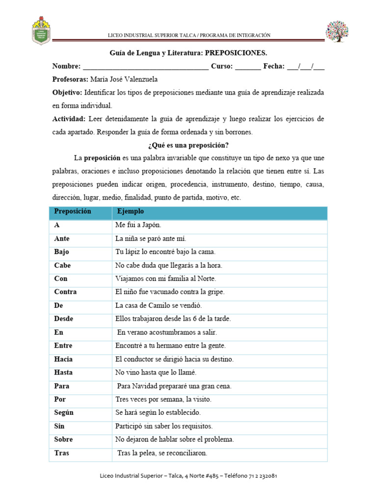 Actividades sobre Preposiciones Primarias | PDF | Preposición y ...