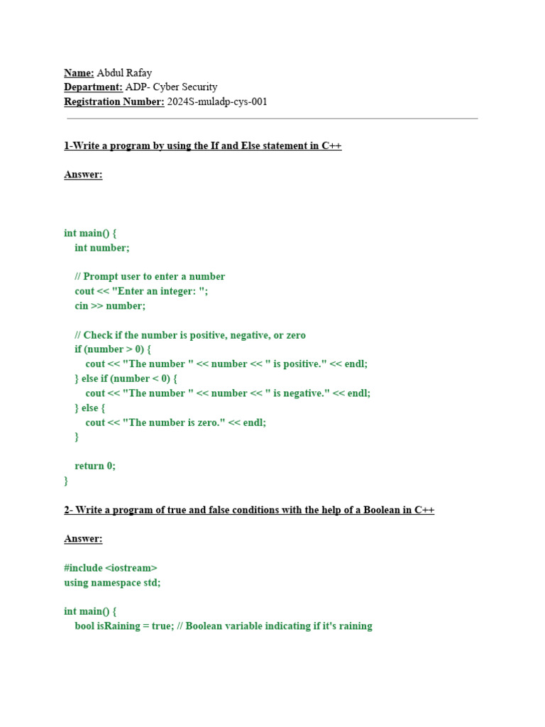 Abdul Rafay ADP-CYS 001 | PDF | Boolean Data Type | Integer (Computer Science)