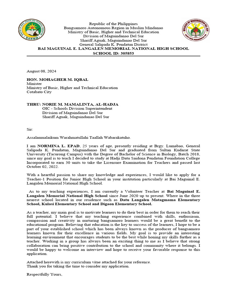 Normina L. Epad Intent Letter in Barmm (Neww) | PDF | Behavior ...