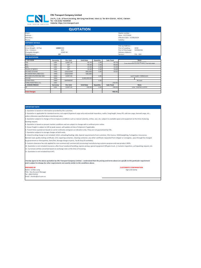 Quotation CNL Export FCL Cont20 CFR 23.07.2024 | PDF | Cargo | Supply ...