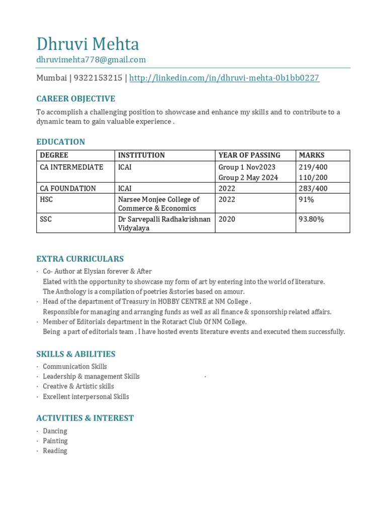 Dhruvi Mehta - Resume - Articleship Document | PDF