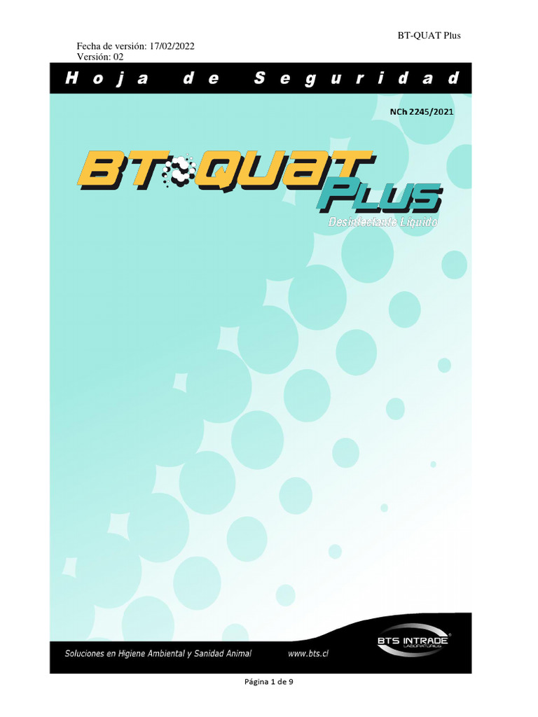 BT-QUAT PLUS Hoja de Seguridad | PDF | Agua | Laboratorios
