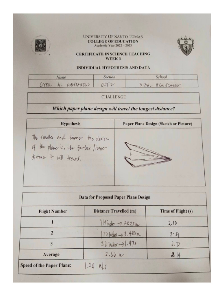 Authentic Assessment 1 - Longest Flight Challenge (Individual) - CST-2 - Constantino - Cyril A | PDF