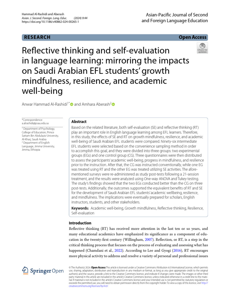 Refective Thinking and Self Evaluation in Language Learning: Mirroring ...