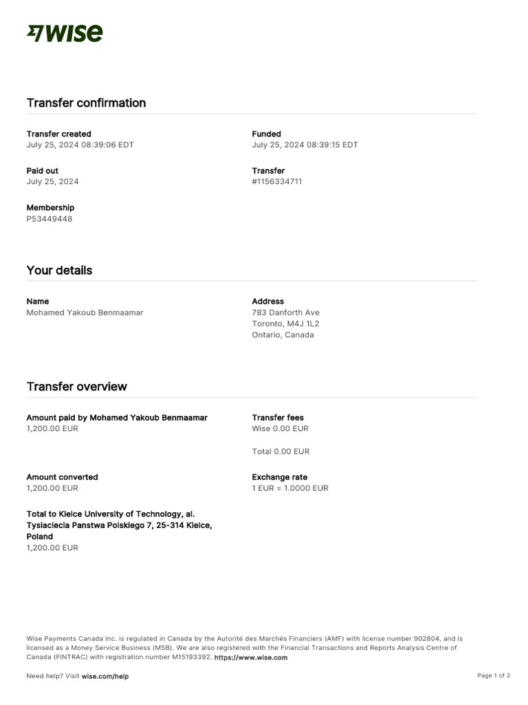 Wise Transaction Invoice Transfer 1156334711 3536103239 FR | PDF ...