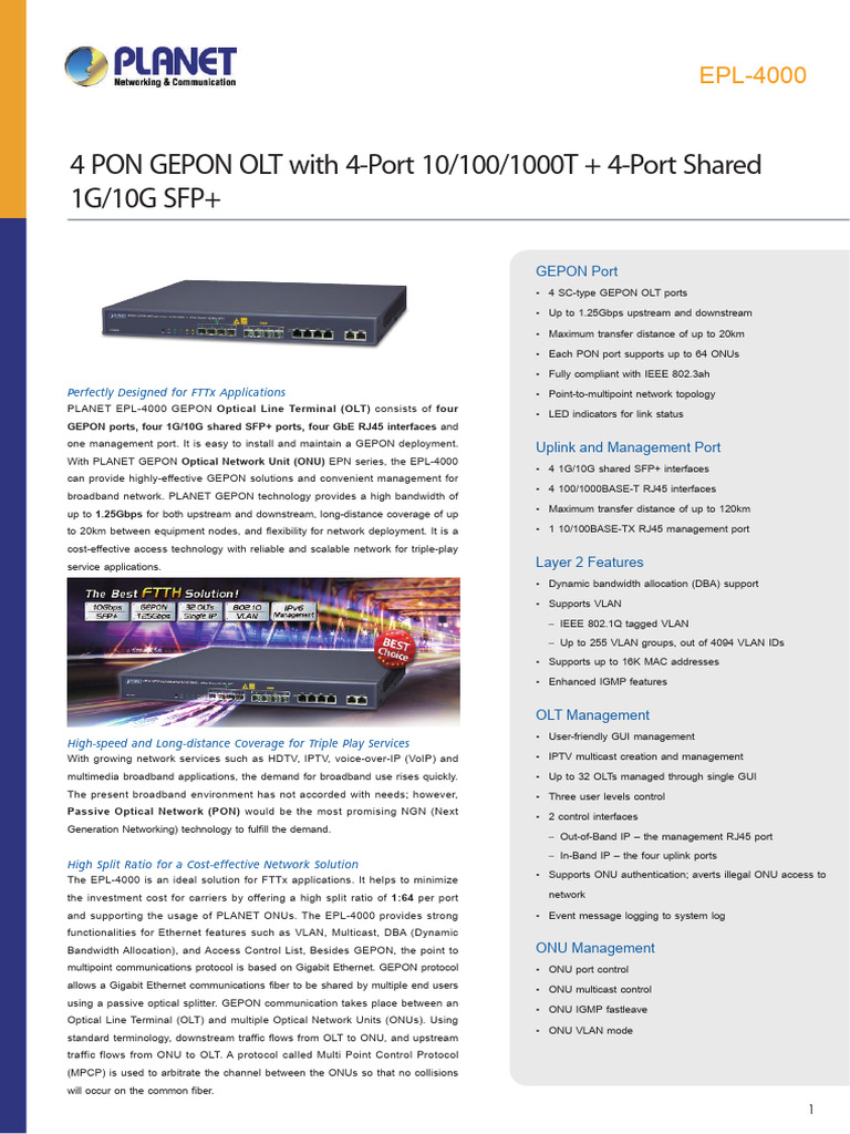 4 PON GEPON OLT With 4-Port 10/100/1000T + 4-Port Shared 1G/10G SFP+ | PDF | Fiber To The X ...