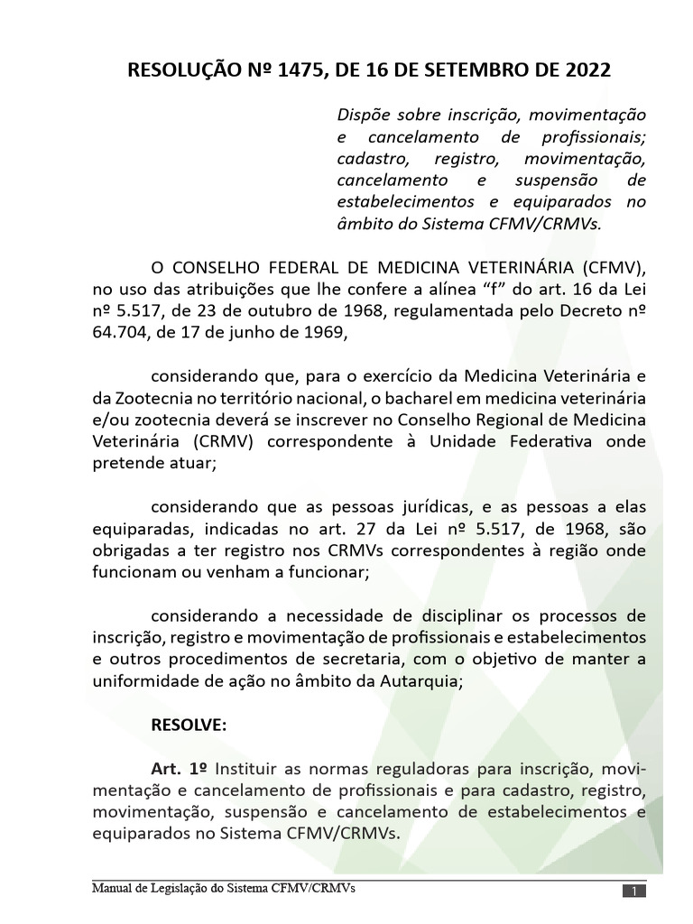Resolução 1475, 16.09.2022 CRVM (Registros Ativ Veterinarias) | PDF ...