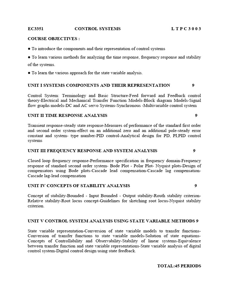 CONTROL SYS SYLLABUS | PDF | Control Theory | Feedback