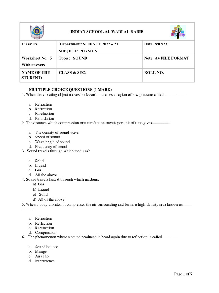 Class 9 Sound Worksheet with Answers | PDF | Sound | Waves