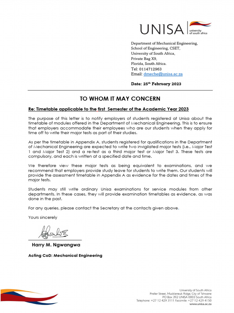 Memo & Timetable - Mechanical Engineering 2023 | PDF