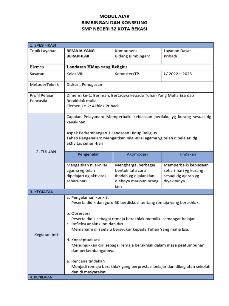 MODUL AJAR BK Kelas VIII | PDF
