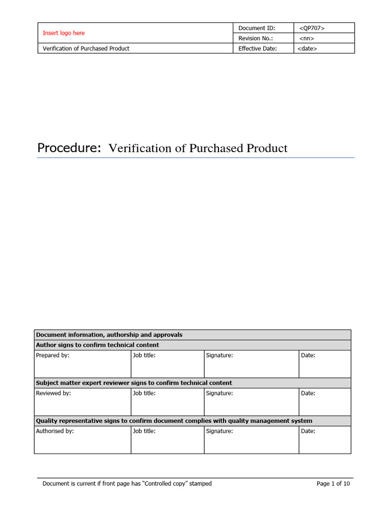 Qms tmp1050 34 Verification of Purchased Product Procedure Template qp707 r03 | PDF ...