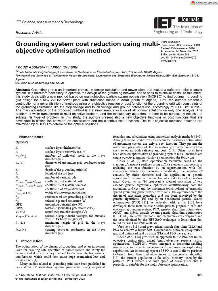 IET Science Measure Tech - 2021 - Aboura - Grounding System Cost Reduction Using Multi Objective ...