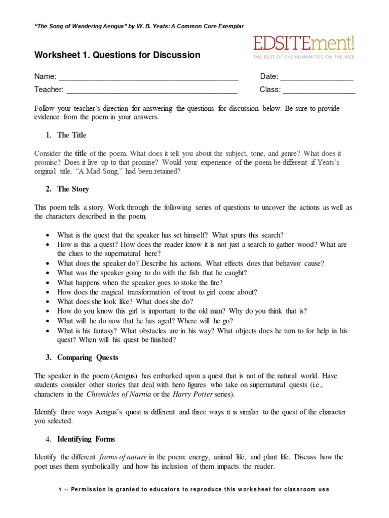 Questions For Discussion 01 Worksheet | PDF | Poetry | W. B. Yeats