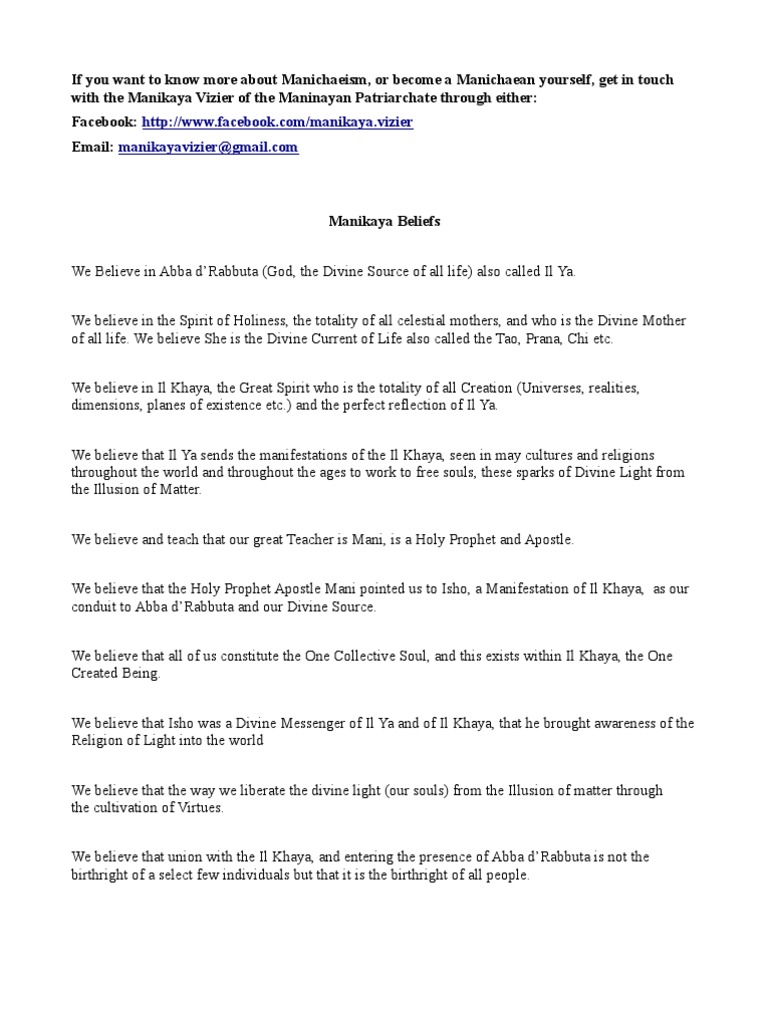 Manichaeism Beliefs | PDF | Divinity | Ancient Mediterranean Religions