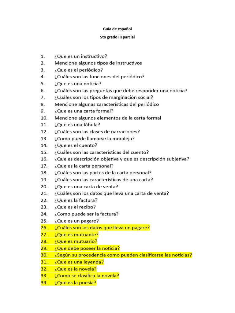 Guía de Español III Parcial 5to Grado | PDF