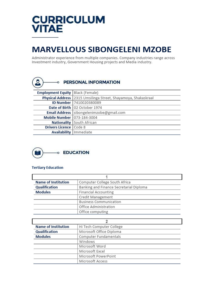 Sibongeleni Mzobe - CV-1 | PDF | Computing