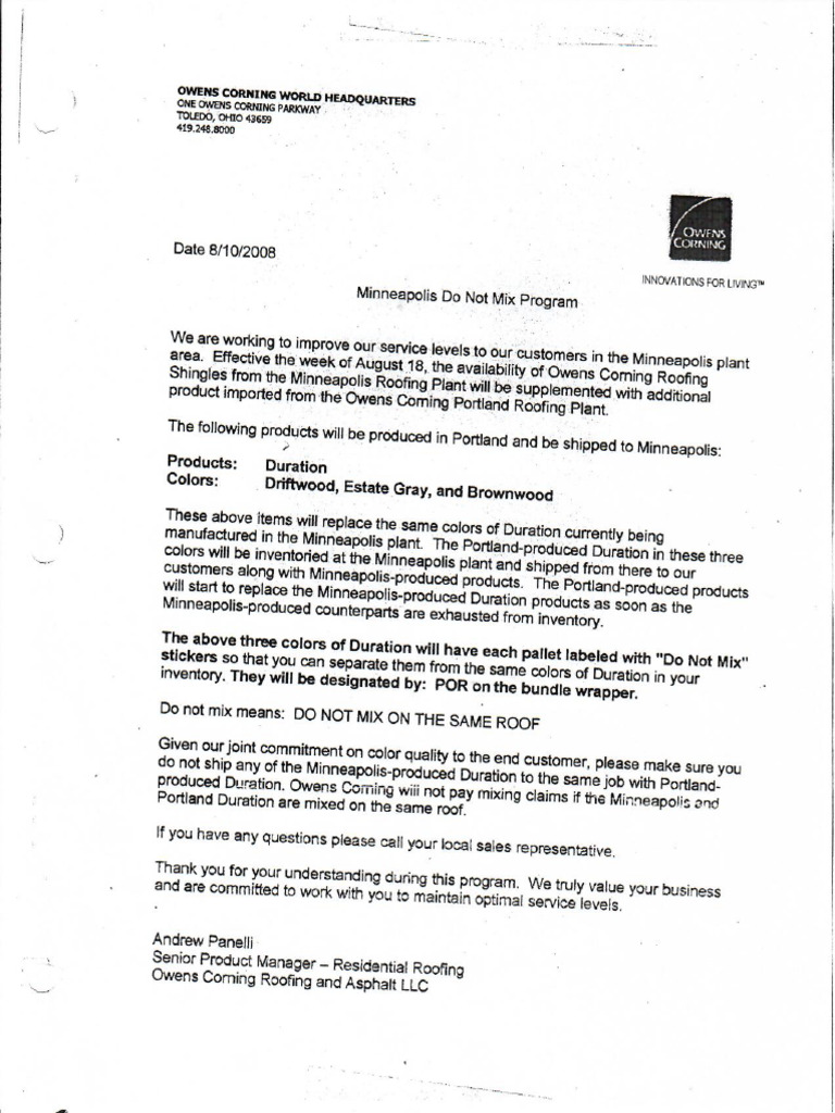 Owens Corning Do Not Mix and Match | PDF