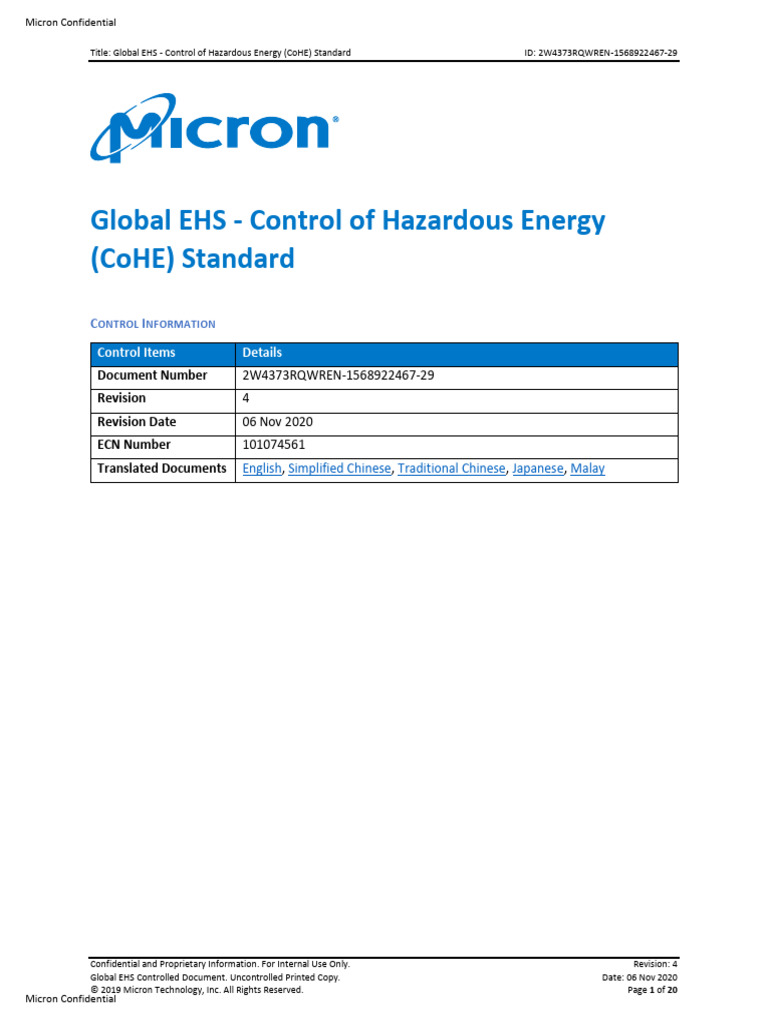 Global Ehs Control Of Hazardous Energy Cohe Standard Pdf Radiation