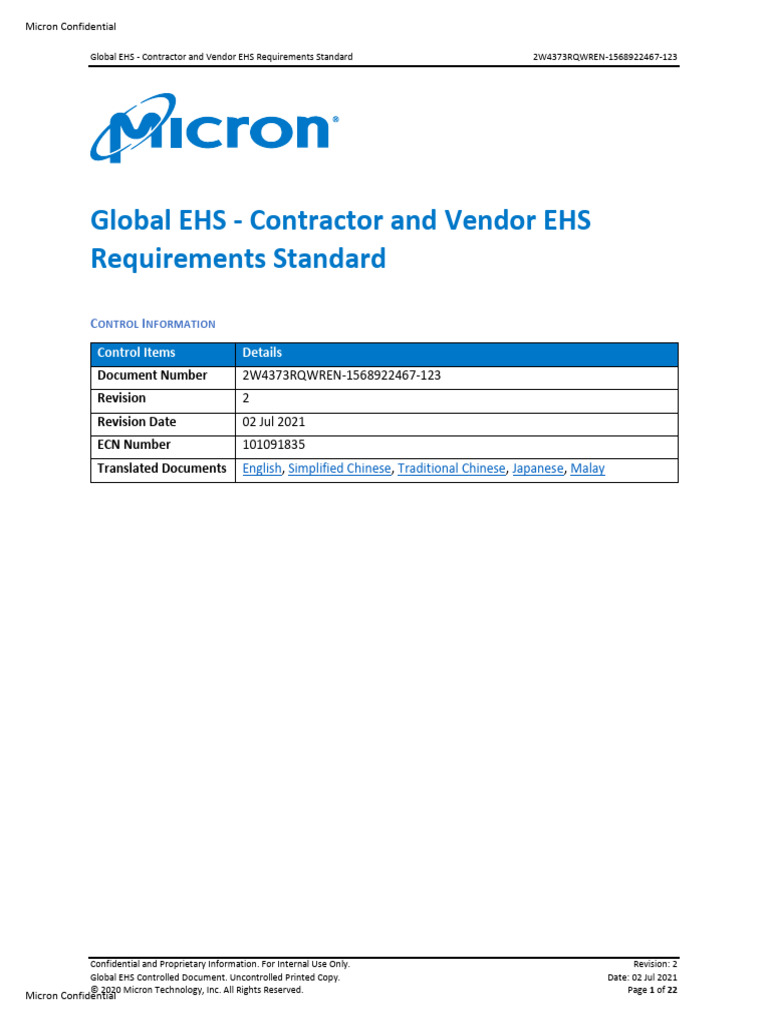 Global Ehs Contractor and Vendor Ehs Requirements Standard | PDF | Hazards | Risk