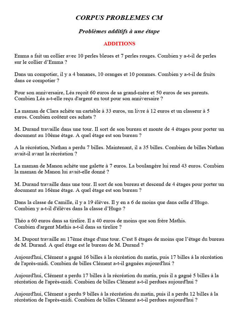 Corpus Problèmes CM1 | PDF