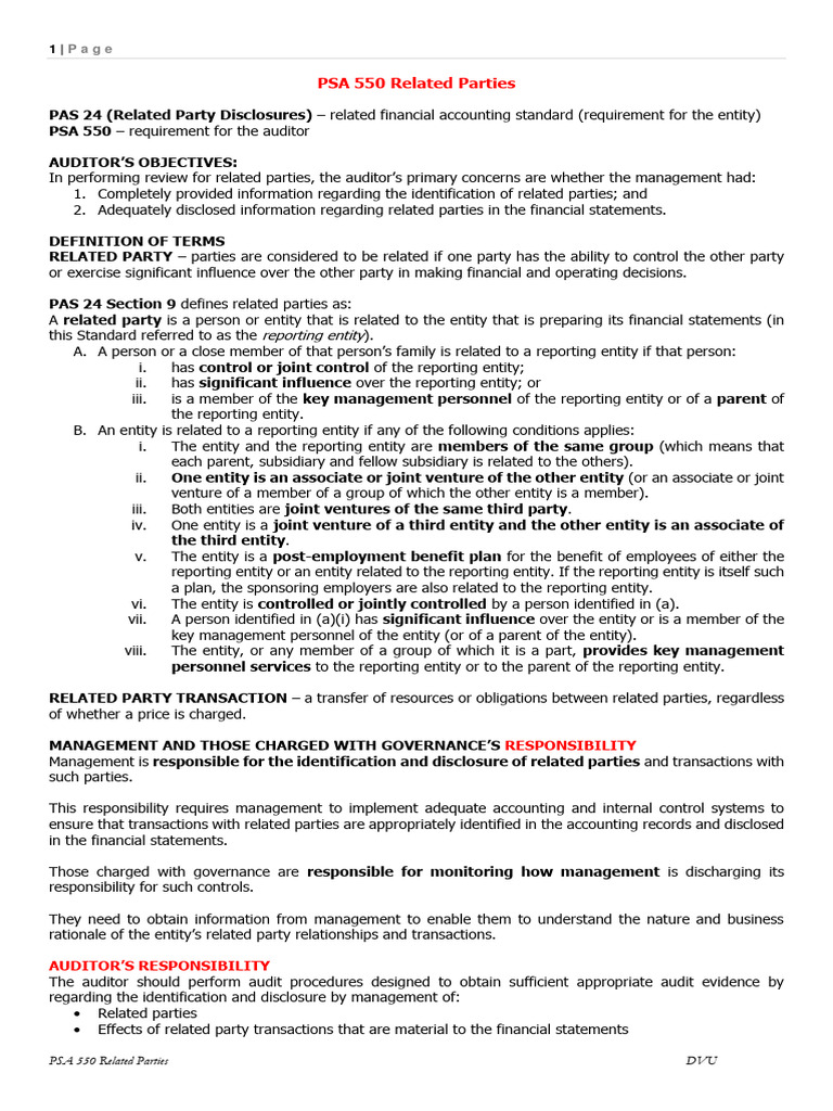 PSA 550 Related Parties | PDF | Audit | Financial Statement
