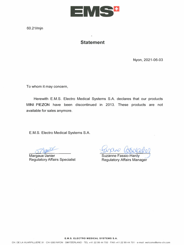 EMS - Discontinuation MINI PIEZON | PDF