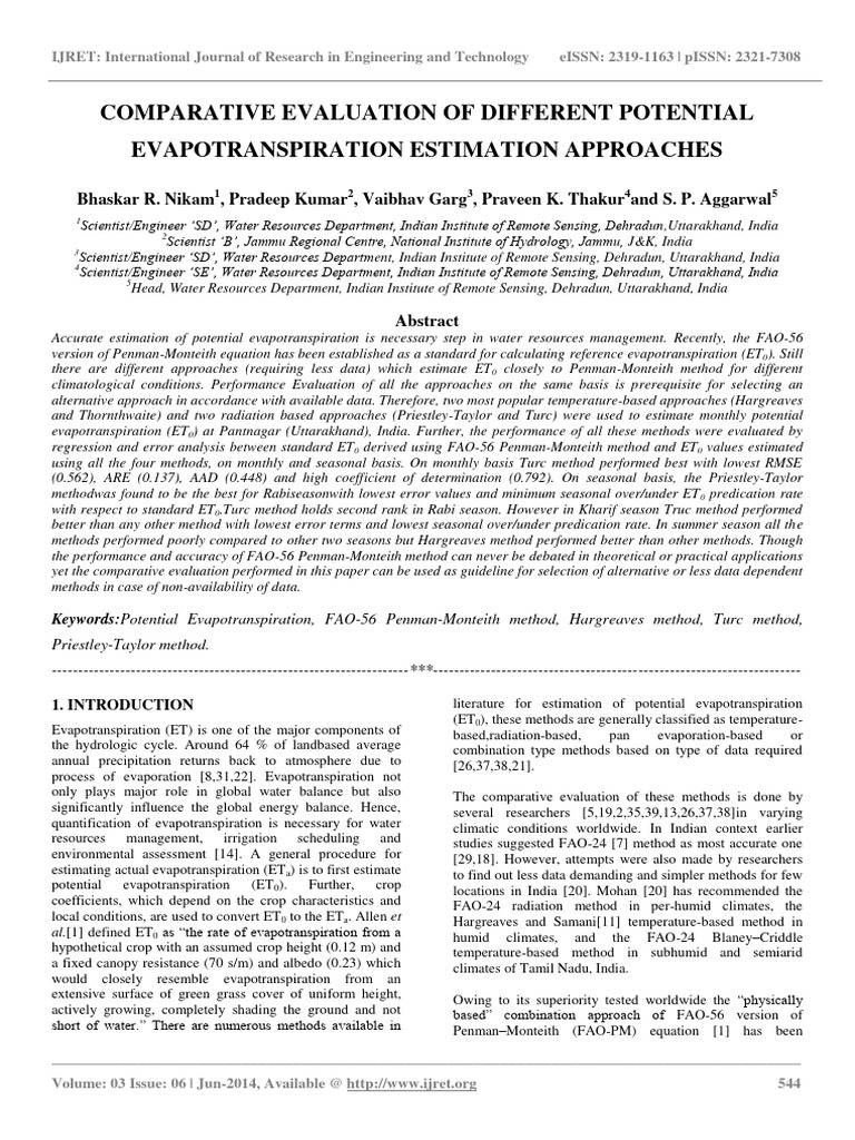 Ijret - Comparative Evaluation of Different Potential Et Estimation ...