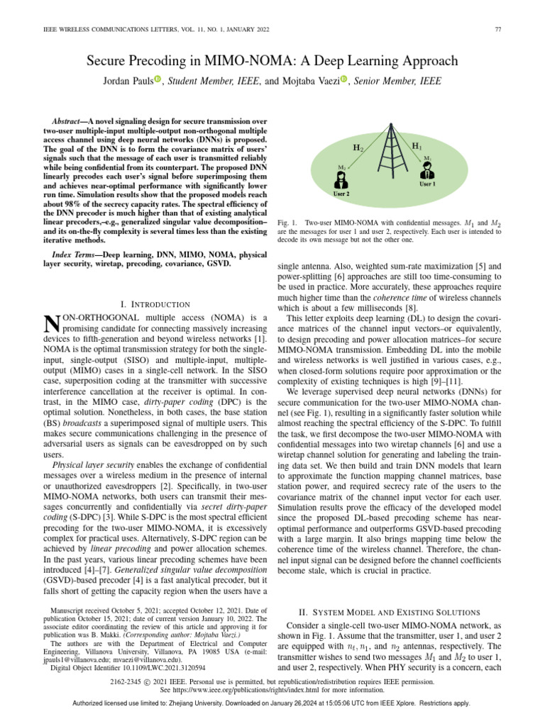 Secure Precoding in MIMO-NOMA A Deep Learning Approach | PDF | Mimo | Deep Learning