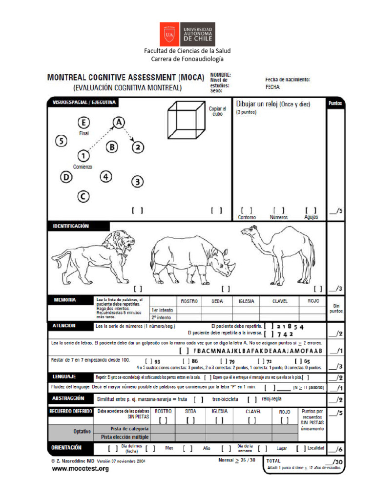 Instrucciones para MoCA en Fonoaudiología | PDF | Reloj | Sustracción
