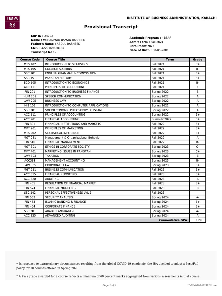 IBA Karachi Provisional Transcript BSAF | PDF | Accounting | Economies